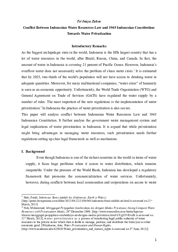 (DOC) Conflict Between Indonesian Water Resources Law and 1945 Indonesian Constitution: Towards ...
