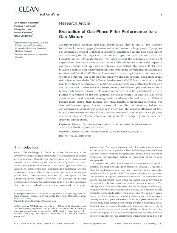 (PDF) Evaluation of Gas-Phase Filter Performance for a Gas Mixture