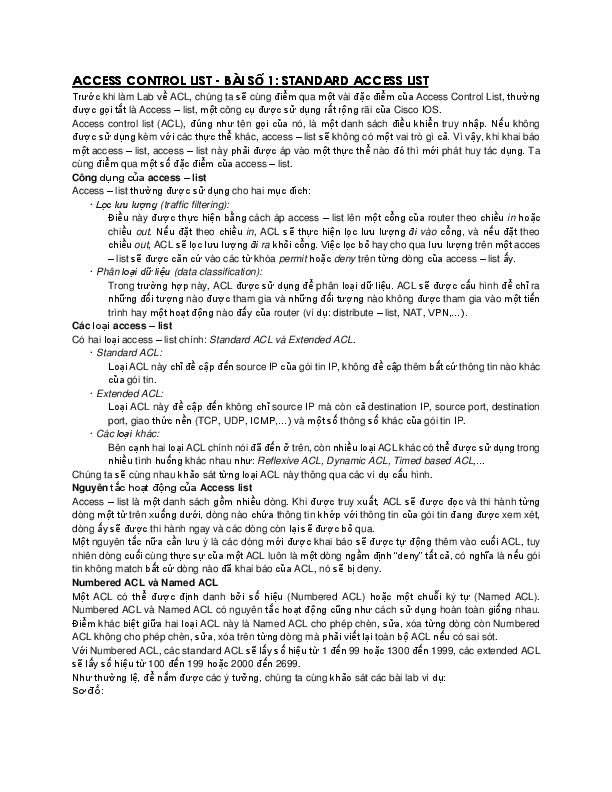 (PDF) ACCESS CONTROL LIST -BÀI SỐ 1: STANDARD ACCESS LIST