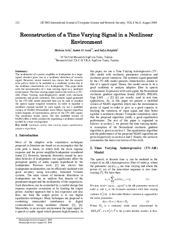 (PDF) Reconstruction of a Time Varying Signal in a Nonlinear Environment | hichem arfa ...