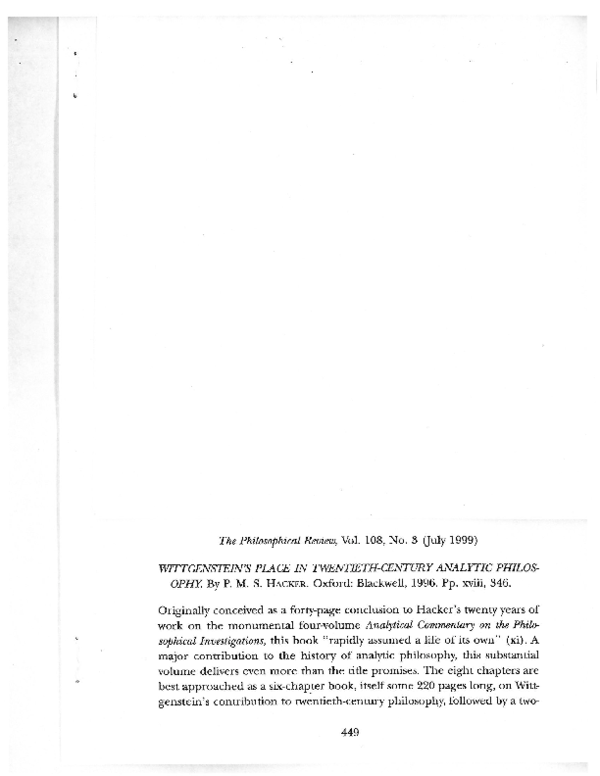 (PDF) Review of Peter Hacker, Wittgenstein's Place in Twentieth Century ...
