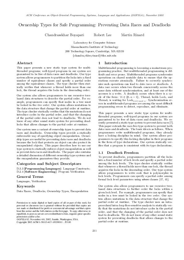(PDF) Ownership types for safe programming: preventing data races and deadlocks