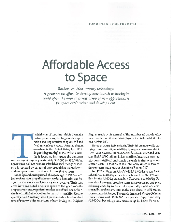 (PDF) Affordable access to space: why and how we need to reduce the ...