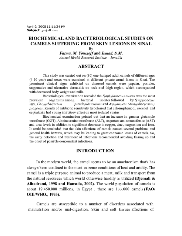 (DOC) BIOCHEMICAL AND BACTERIOLOGICAL STUDIES ON CAMELS SUFFERING FROM ...