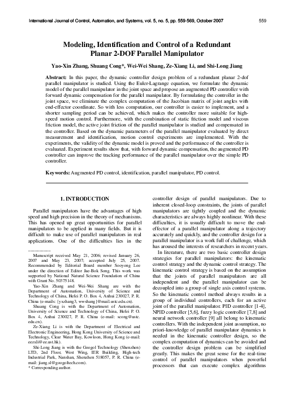 (PDF) Modeling, Identification and Control of a Redundant Planar 2DOF Parallel Manipulator