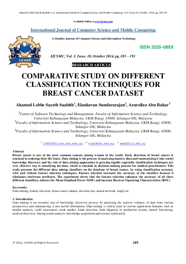 (PDF) COMPARATIVE STUDY ON DIFFERENT CLASSIFICATION TECHNIQUES FOR ...