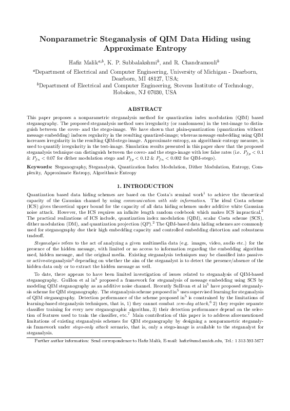 (PDF) Nonparametric steganalysis of QIM data hiding using approximate entropy