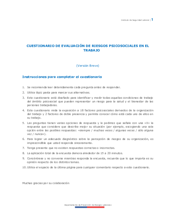 (PDF) Instituto CUESTIONARIO DE EVALUACIÓN DE RIESGOS PSICOSOCIALES EN EL TRABAJO