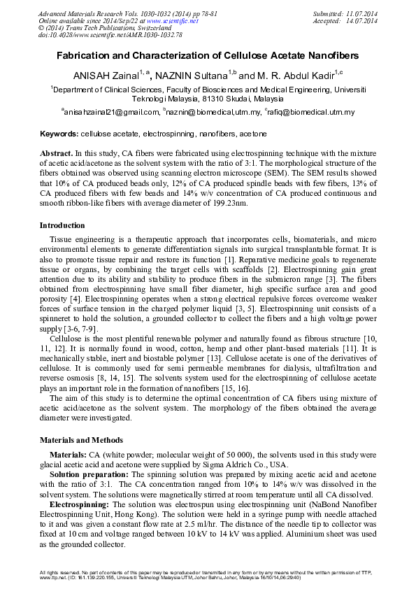 (PDF) Fabrication and Characterization of Cellulose Acetate Nanofibers