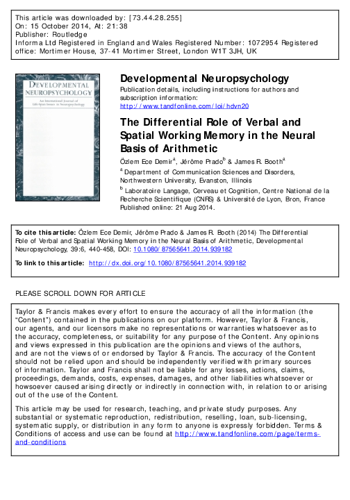 Pdf The Differential Role Of Verbal And Spatial Working Memory In The Neural Basis Of Arithmetic