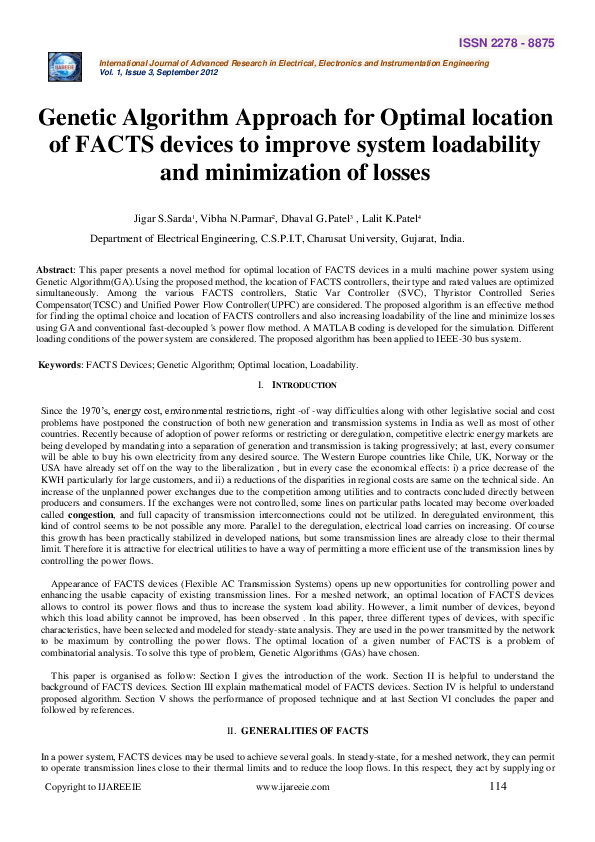 Pdf Copyright To Ijareeie Genetic Algorithm Approach For Optimal Location Of Facts Devices To