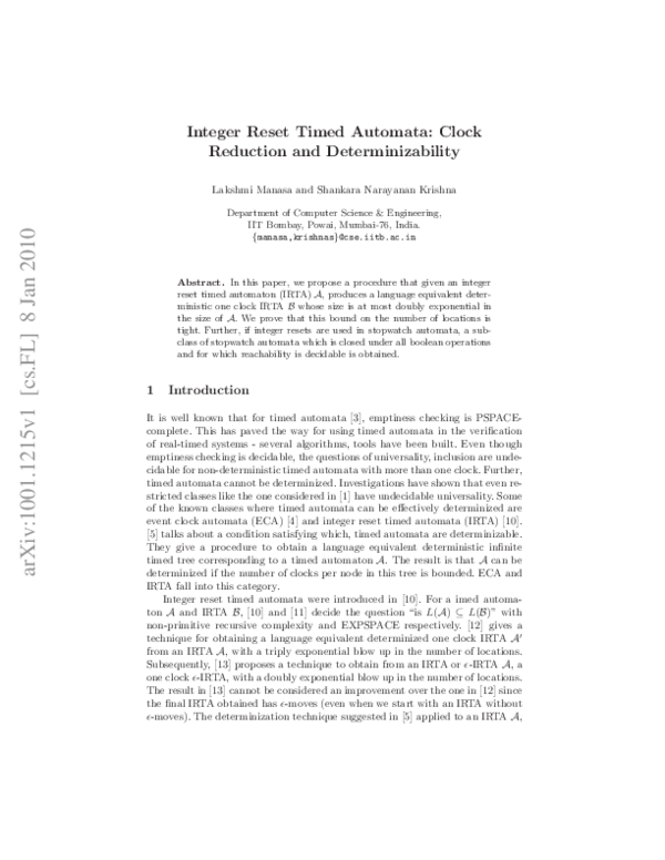 (PDF) Integer Reset Timed Automata: Clock Reduction and Determinizability