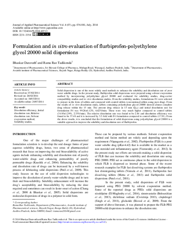 Pdf Formulation And In Vitro Evaluation Of Flurbiprofen Polyethylene Glycol 20000 Solid