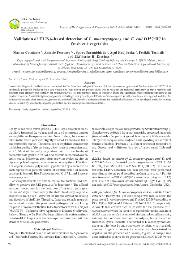 (PDF) Validation of ELISA-based detection of L. monocytogenes and E. coli O157:H7 in