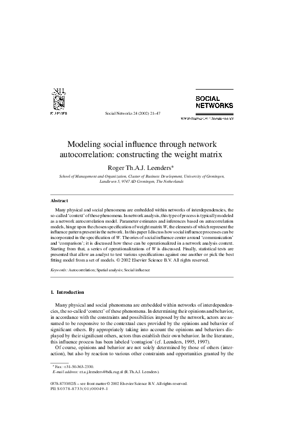 Pdf Modeling Social Inﬂuence Through Network Autocorrelation Constructing The Weight Matrix