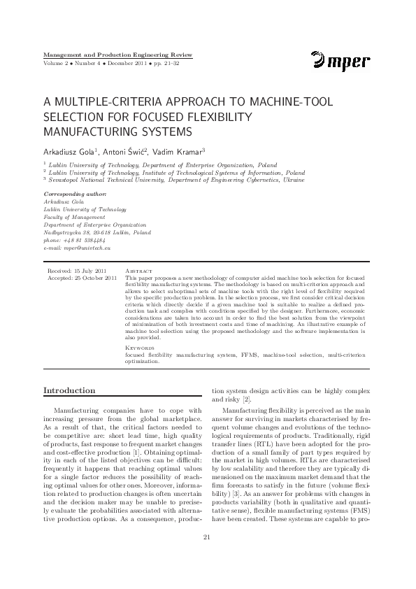 (PDF) A MULTIPLE-CRITERIA APPROACH TO MACHINE-TOOL SELECTION FOR FOCUSED FLEXIBILITY ...