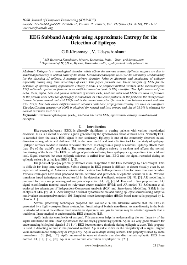 Pdf Eeg Subband Analysis Using Approximate Entropy For The Detection Of Epilepsy Iosr