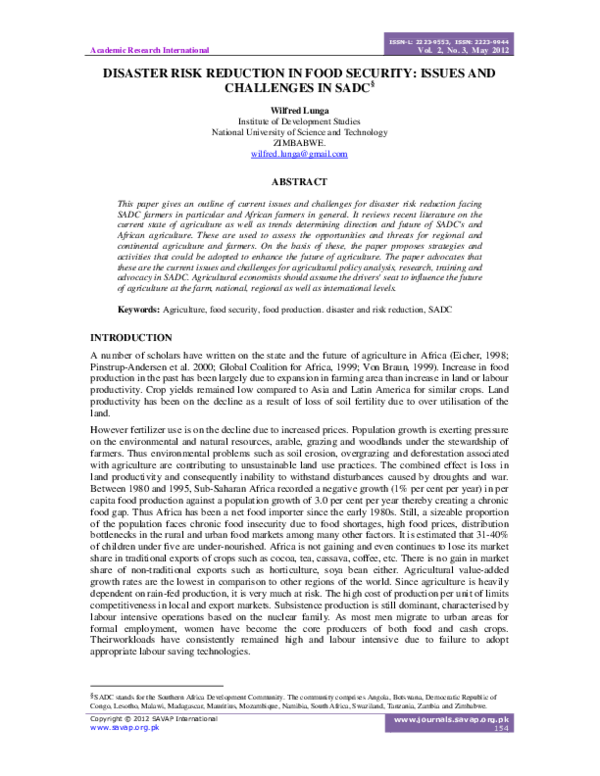 (PDF) DISASTER RISK REDUCTION IN FOOD SECURITY: ISSUES AND CHALLENGES ...