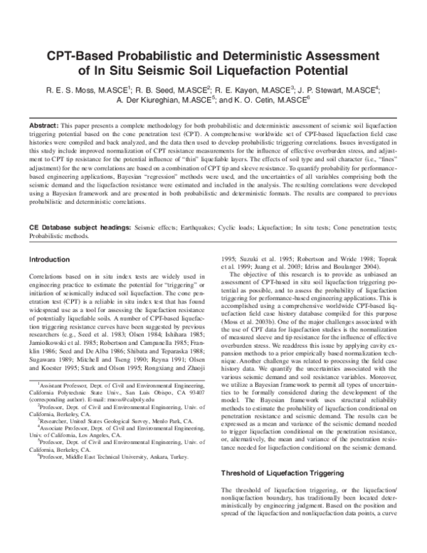 (PDF) CPT-Based Probabilistic and Deterministic Assessment of In Situ Seismic Soil Liquefaction ...
