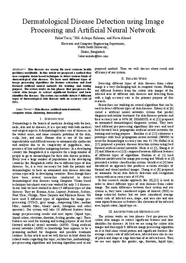 (PDF) Dermatological Disease Detection using Image Processing and Artificial Neural Network