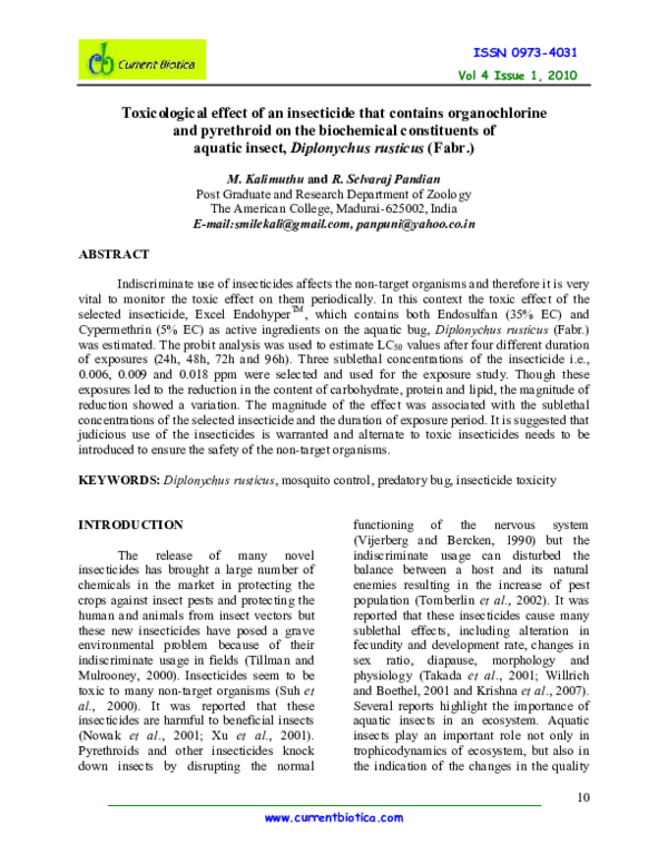 Pdf Toxicological Effect Of An Insecticide That Contains Organochlorine And Pyrethroid On The
