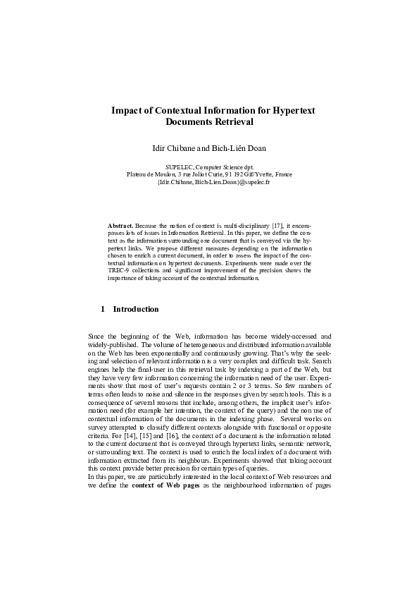 (PDF) Impact of Contextual Information for Hypertext Documents Retrieval | Bich-Liên DOAN ...