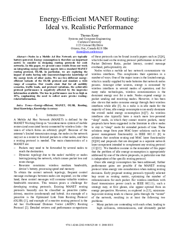 Pdf Energy Efficient Manet Routing Ideal Vs Realistic Performance