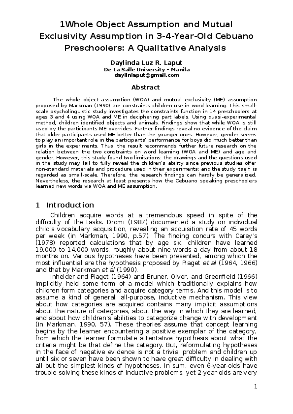 (DOC) Whole Object Assumption and Mutual Exclusivity Assumption in 3-4 ...