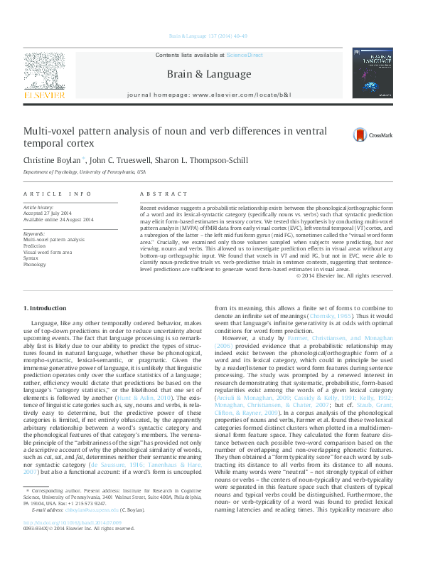 Pdf Multi Voxel Pattern Analysis Of Noun And Verb Differences In Ventral Temporal Cortex