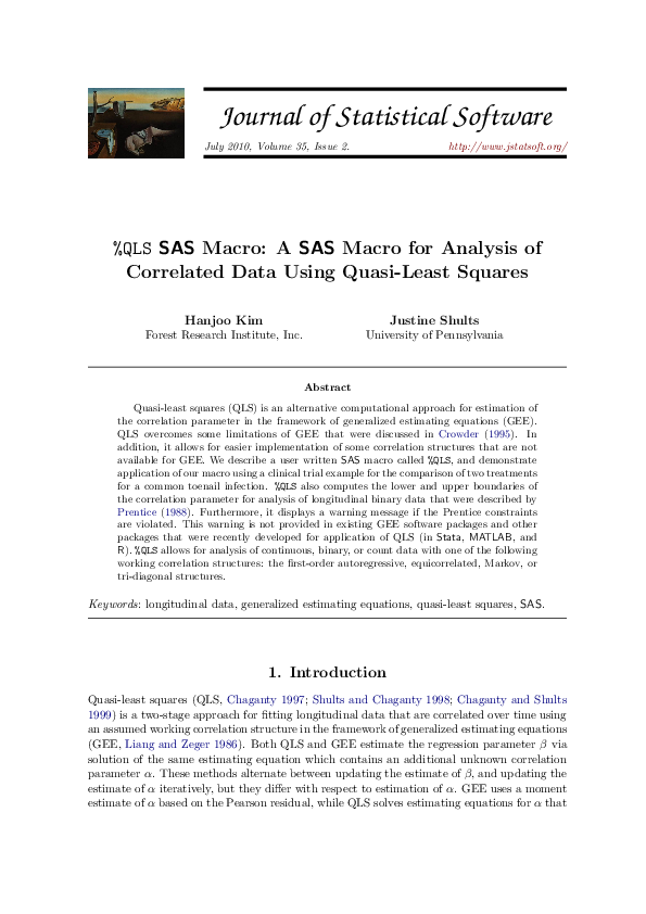 Pdf Qls Sas Macro A Sas Macro For Analysis Of Correlated Data Using Quasi Least Squares Han