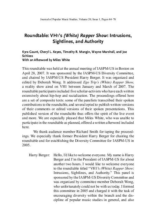 (PDF) Roundtable: VH1’s (White) Rapper Show: Intrusions, Sightlines ...