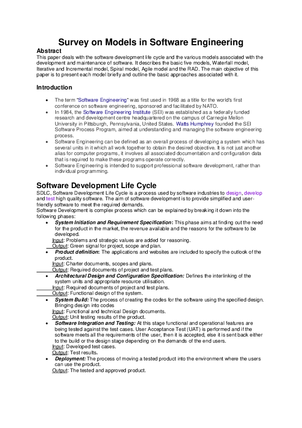 Survey on Models in Software Engineering