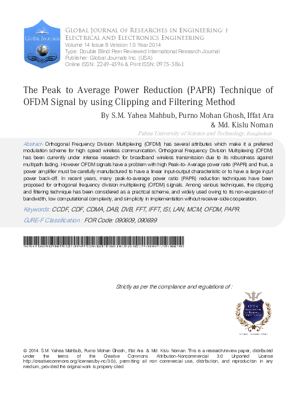 Pdf The Peak To Average Power Reduction Papr Technique Of Ofdm Signal By Using Clipping And