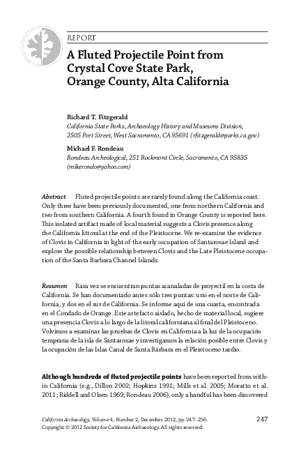 (PDF) A Fluted Projectile Point from Crystal Cove State Park, Orange ...