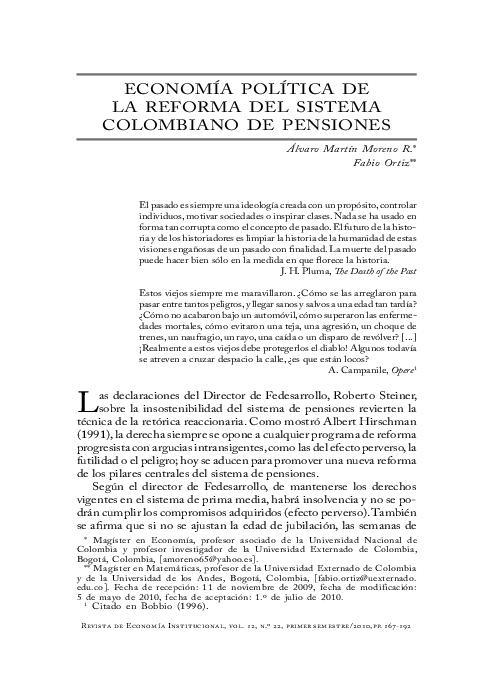 (PDF) Economía política de la reforma del sistema colombiano de pensiones