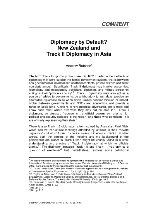 (PDF) Diplomacy by default? New Zealand and Track II diplomacy in Asia