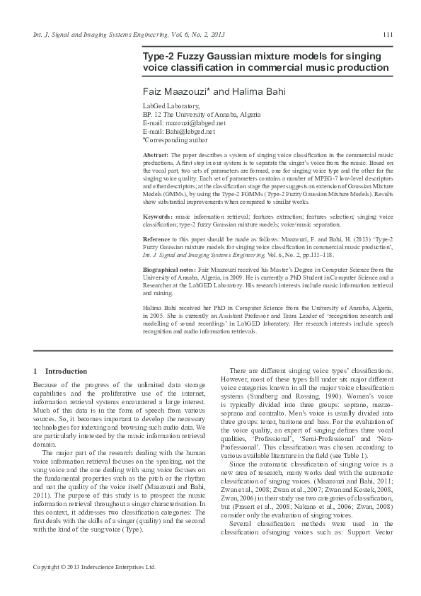 Type 2 Fuzzy Gaussian Mixture Models For Singing Voice Classification In Commercial ‎music 