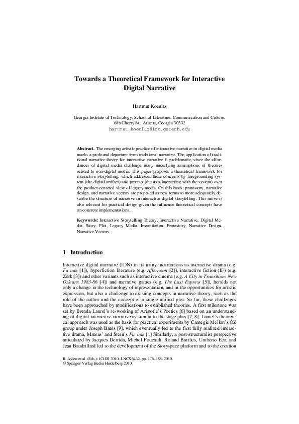 (PDF) Towards a theoretical framework for interactive digital narrative