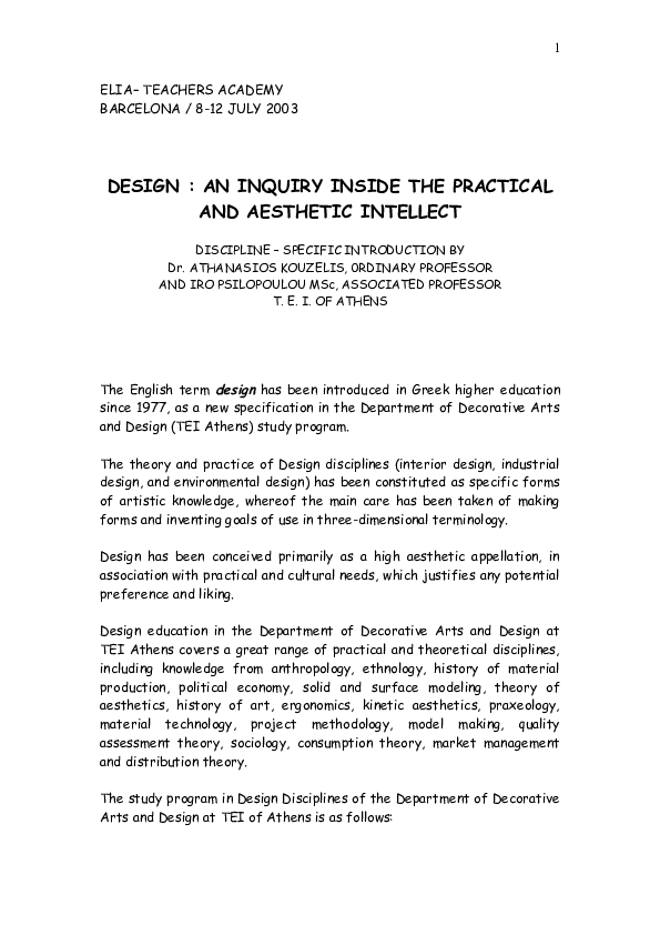 (DOC) DESIGN : AN INQUIRY INSIDE THE PRACTICAL AND AESTHETIC INTELLECT ...