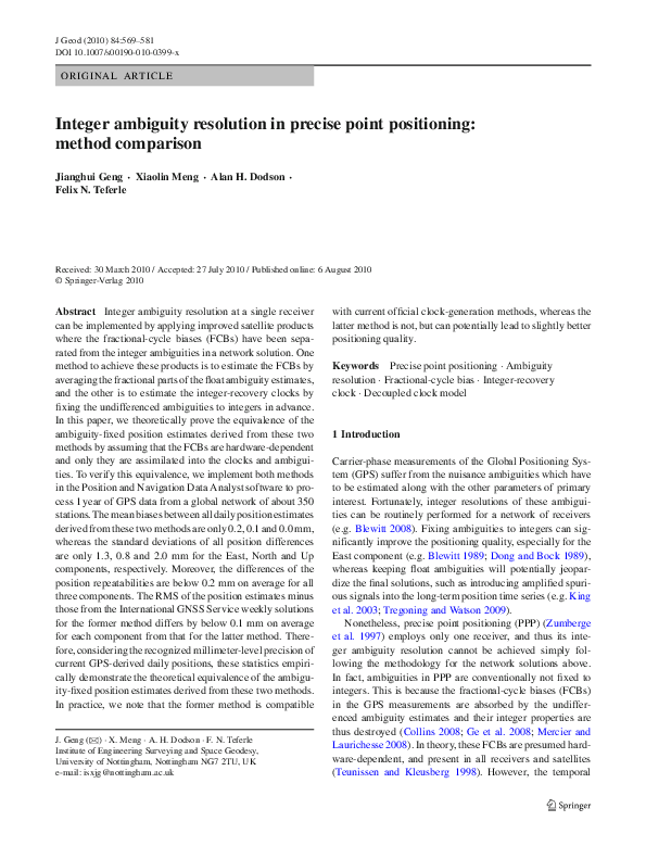Pdf Integer Ambiguity Resolution In Precise Point Positioning Method Comparison