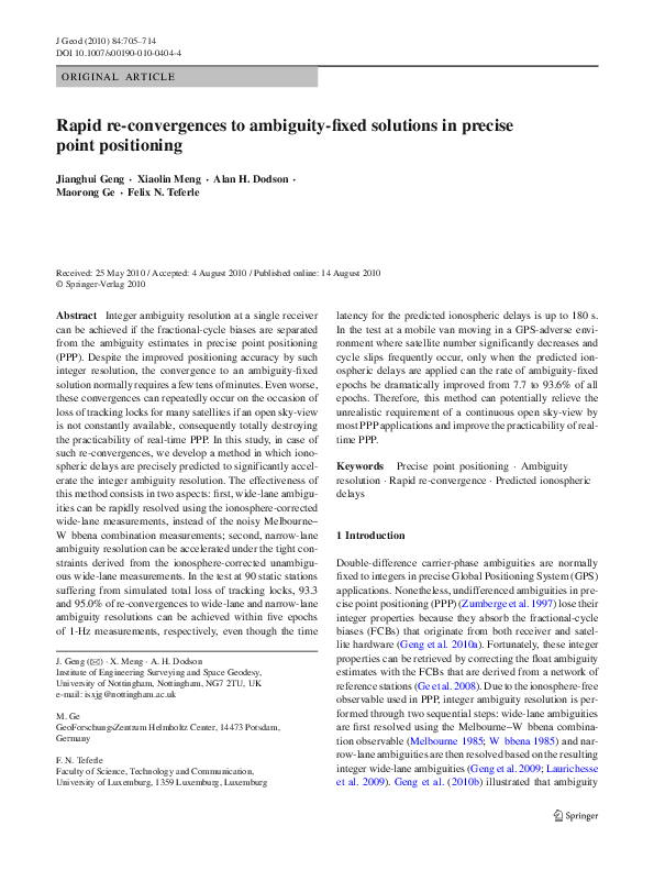 (PDF) Rapid re-convergences to ambiguity-fixed solutions in precise point positioning