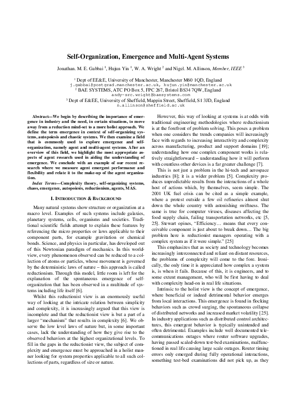 (PDF) Self-Organization, Emergence and Multi-Agent Systems