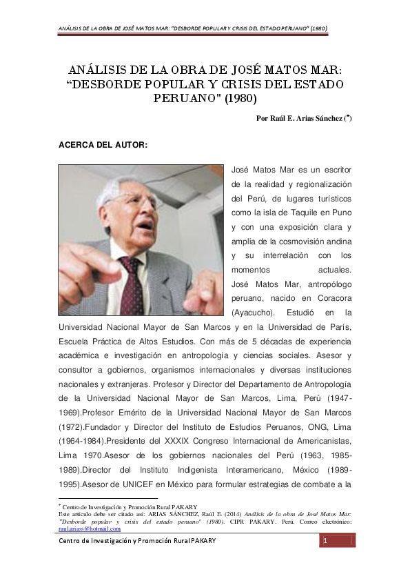 (PDF) ANÁLISIS DE LA OBRA DE JOSÉ MATOS MAR: “DESBORDE POPULAR Y CRISIS ...