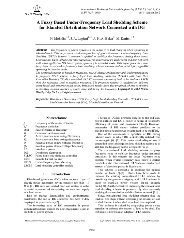 (PDF) A Fuzzy Based Under-Frequency Load Shedding Scheme for Islanded Distribution Network ...