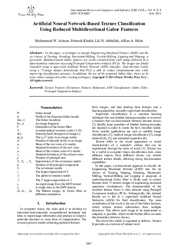 Pdf Artificial Neural Network Based Texture Classification Using Reduced Multidirectional