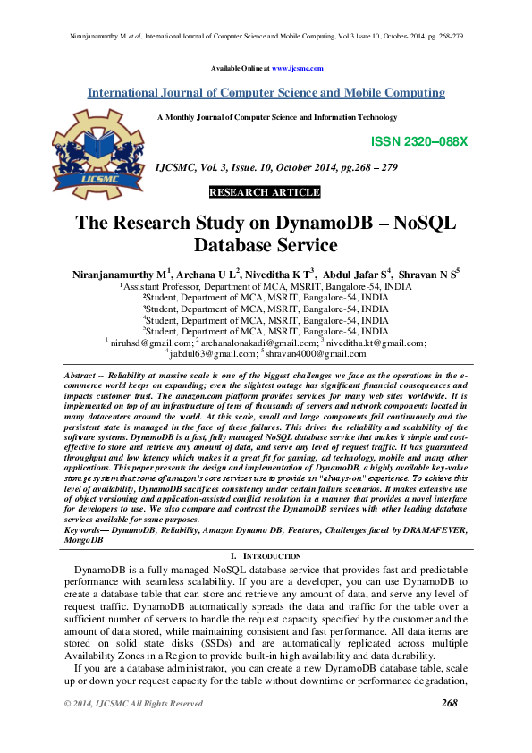 (PDF) The Research Study on DynamoDB – NoSQL Database Service