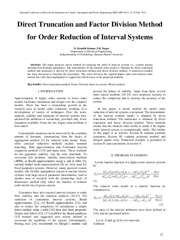 Pdf Direct Truncation And Factor Division Method For Order Reduction Of Interval Systems