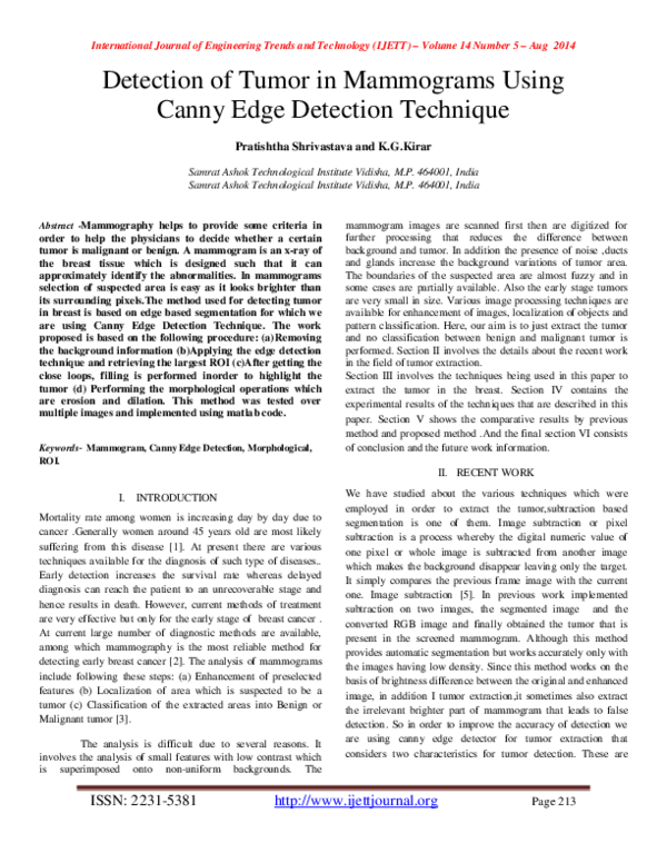 Pdf Detection Of Tumor In Mammograms Using Canny Edge Detection Technique