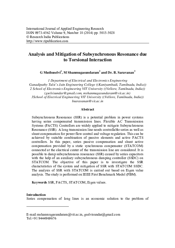 (PDF) Analysis and Mitigation of Subsynchronous Resonance due to Torsional Interaction