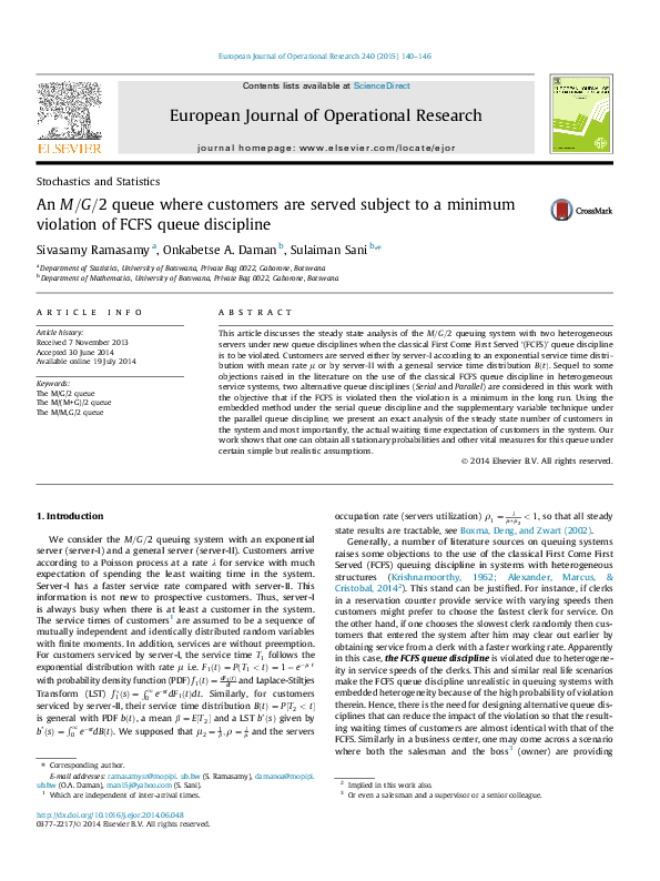 (PDF) An M=G=2 queue where customers are served subject to a minimum violation of FCFS queue ...